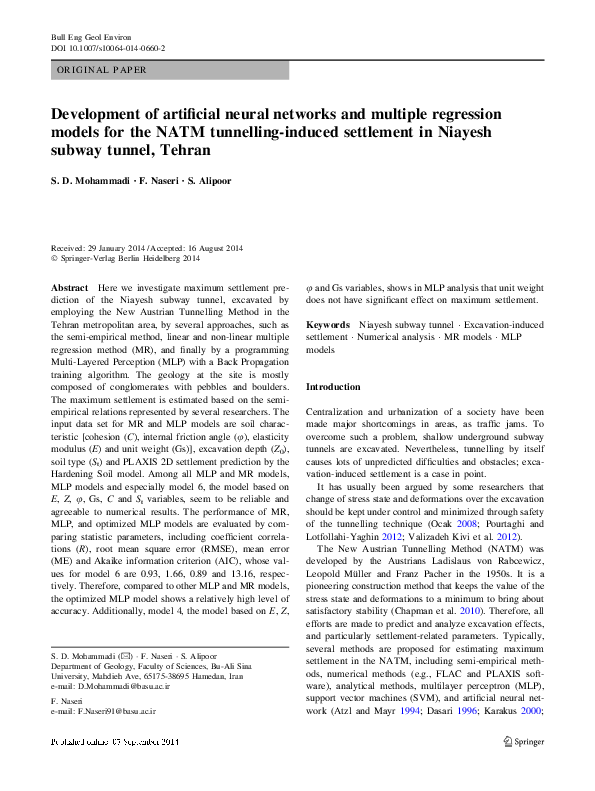 (PDF) Development of artificial neural networks and multiple regression models for the NATM ...