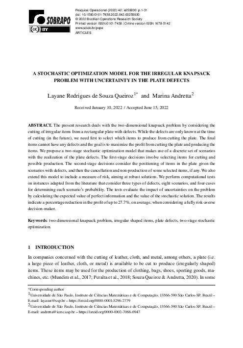 (PDF) A Stochastic Optimization Model for the Irregular Knapsack Problem with Uncertainty in the ...