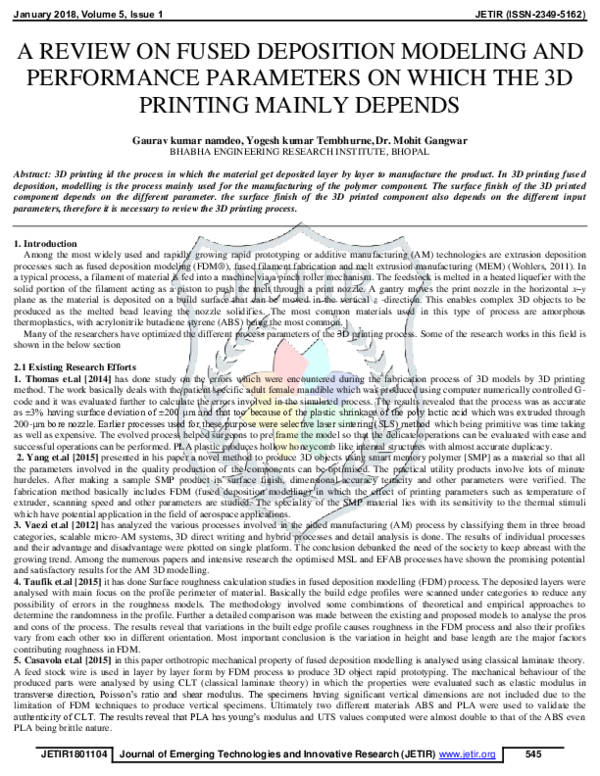 (PDF) A Review on Fused Deposition Modeling and Performance Parameters on Which the 3D Printing