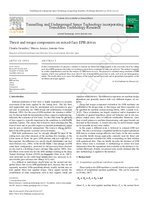 (PDF) Thrust and torque components on mixed-face EPB drives