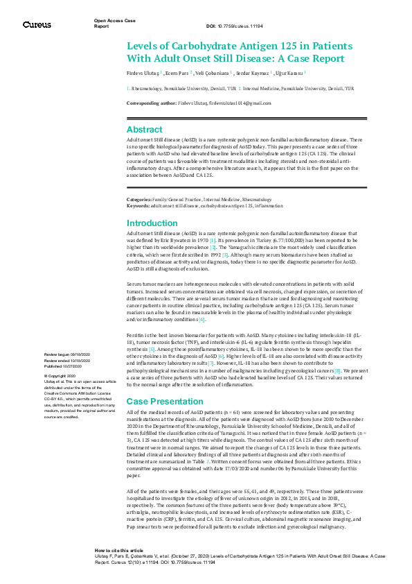 (PDF) Levels of Carbohydrate Antigen 125 in Patients With Adult Onset ...