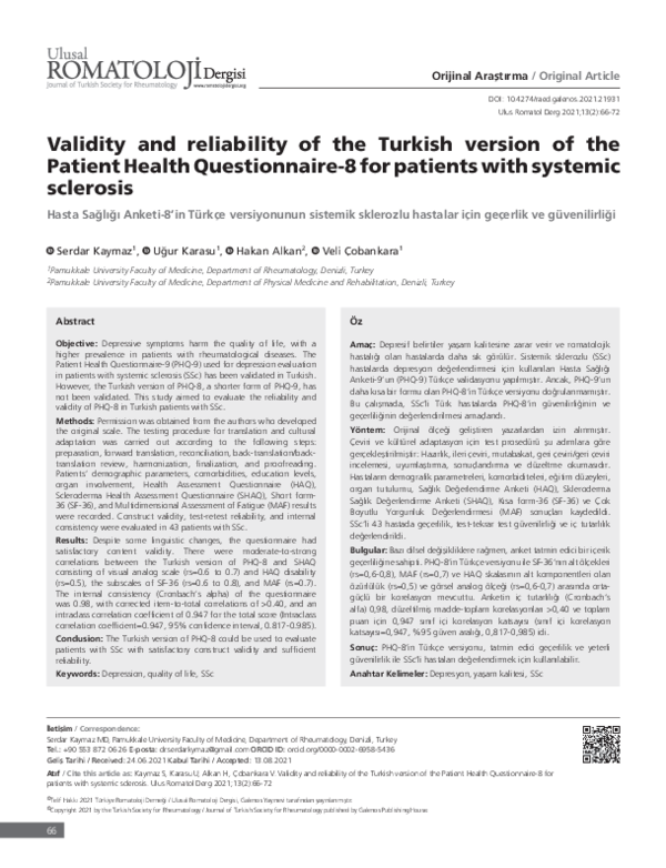 (PDF) Validity and reliability of the Turkish version of the Patient Health Questionnaire-8 for ...