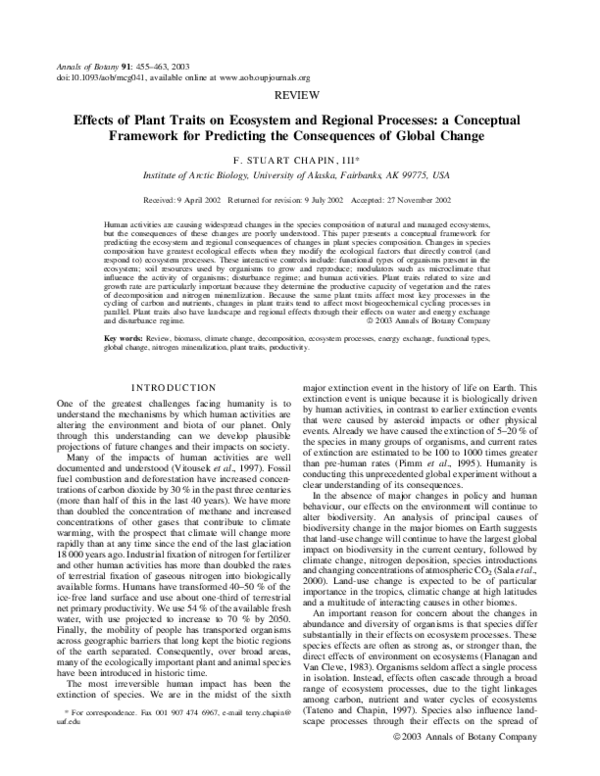 (PDF) Effects of Plant Traits on Ecosystem and Regional Processes: a ...