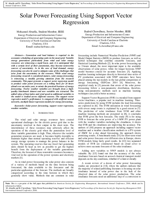 Pdf Solar Power Forecasting Using Support Vector Regression