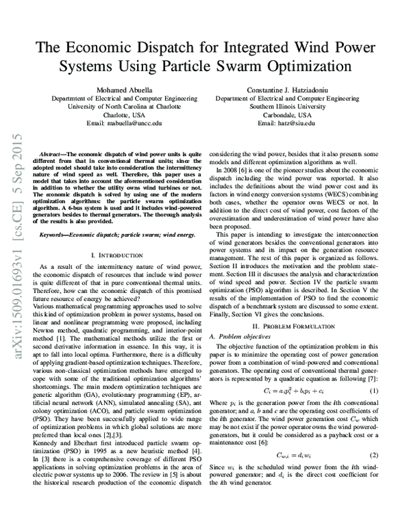 (PDF) The Economic Dispatch for Integrated Wind Power Systems Using Particle Swarm Optimization