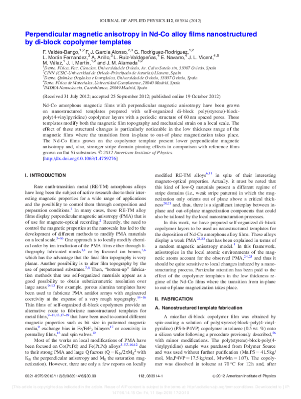 (PDF) Perpendicular magnetic anisotropy in Nd-Co alloy films nanostructured by di-block ...