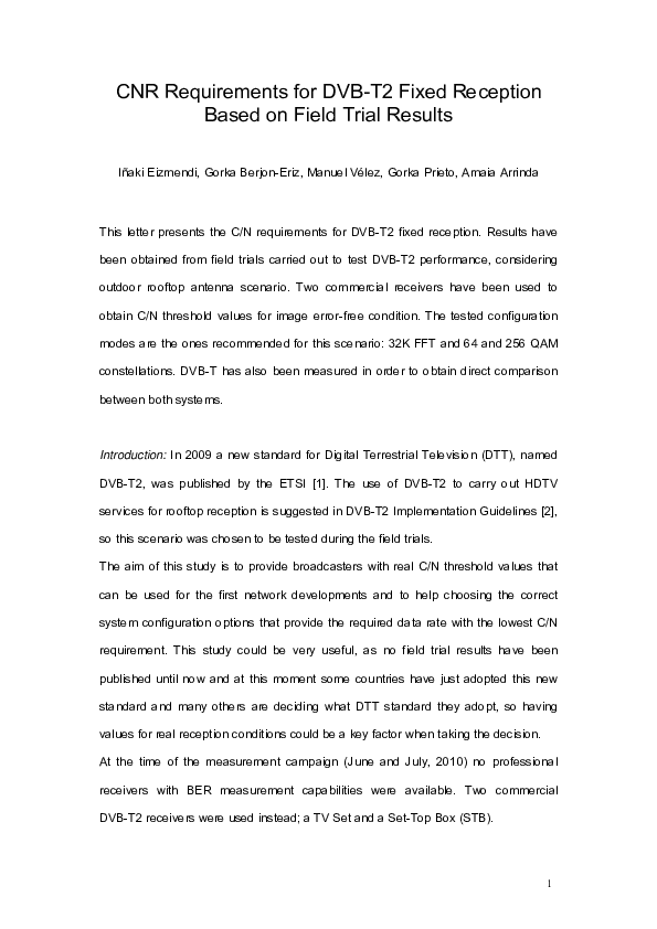 (PDF) CNR requirements for DVB-T2 fixed reception based on field trial results