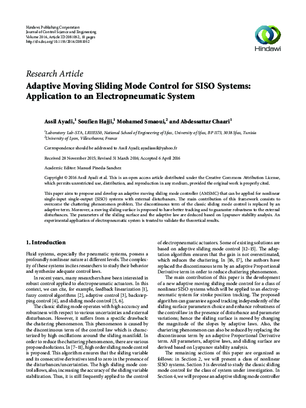 (PDF) Adaptive Moving Sliding Mode Control for SISO Systems: Application to an Electropneumatic ...
