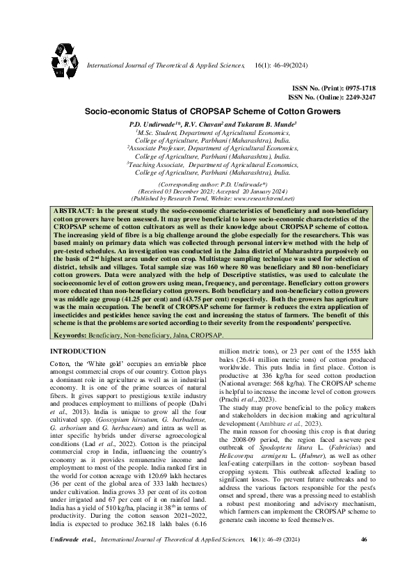 Socio economic Status of CROPSAP Scheme of Cotton Growers Prachi D ...