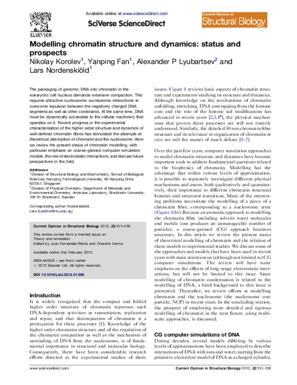 (PDF) Modelling chromatin structure and dynamics: status and prospects