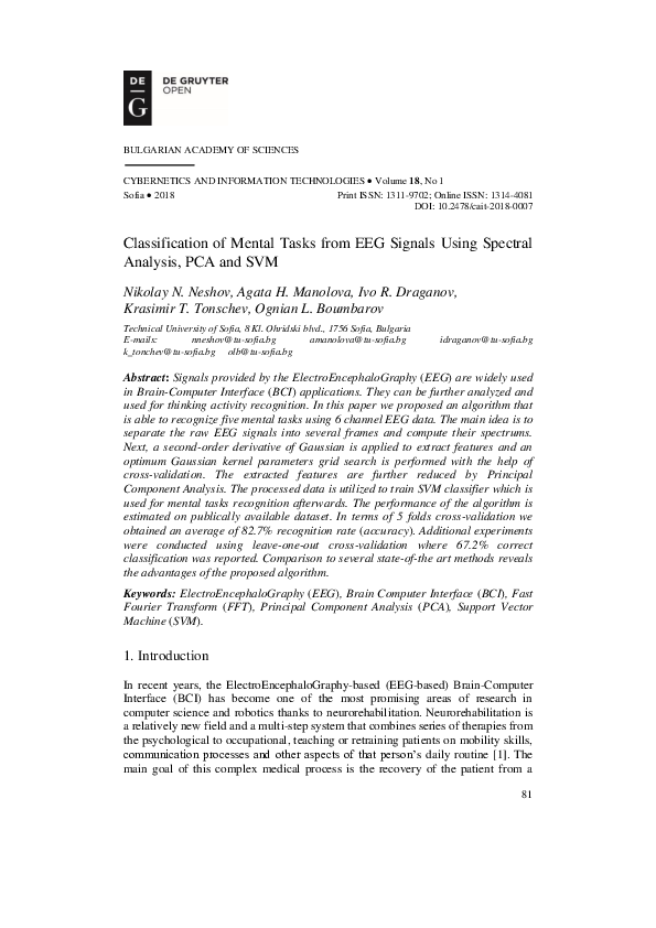 (PDF) Classification of Mental Tasks from EEG Signals Using Spectral Analysis, PCA and SVM