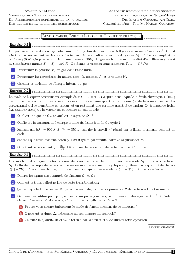 (PDF) Devoir maison N°3, énergie interne et transfert thermique, 1ère ...