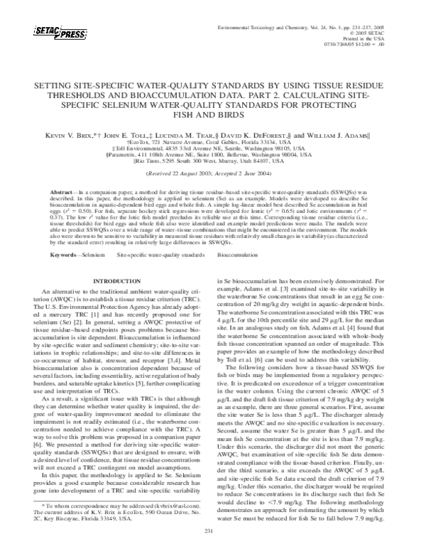 (PDF) Setting Site-Specific Water-Quality Standards by Using Tissue ...