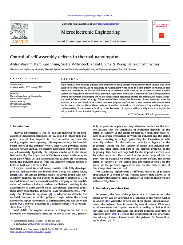 (PDF) Control of self-assembly defects in thermal nanoimprint