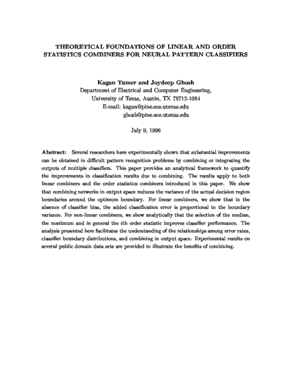 (PDF) Theoretical Foundations of Linear and Order Statistics Combiners for Neural Pattern ...
