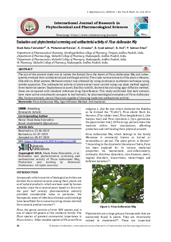 (PDF) Evaluation and phytochemical screening and antibacterial activity of Ficus dalhousiae Miq