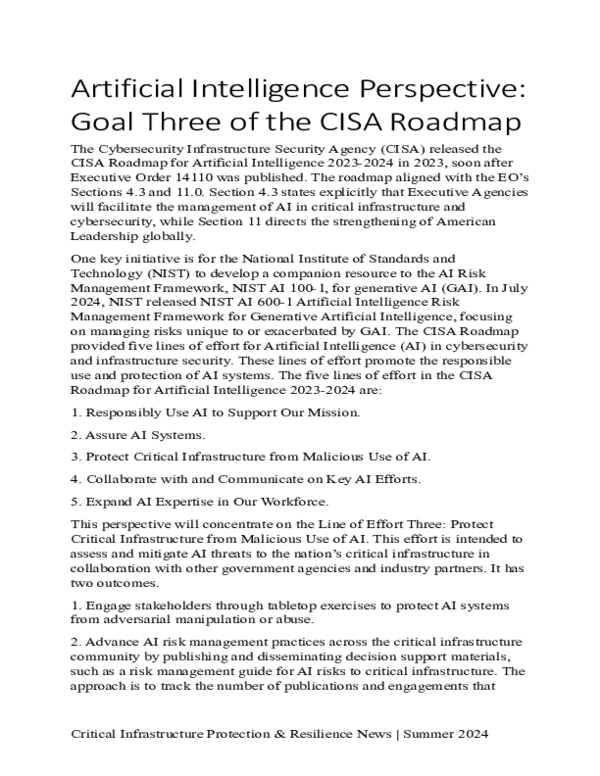 (PDF) Artificial Intelligence Perspective- Goal Three of the CISA Roadmap