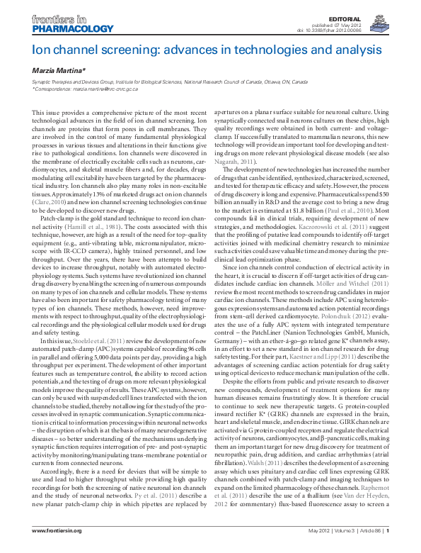 (PDF) Ion Channel Screening: Advances in Technologies and Analysis