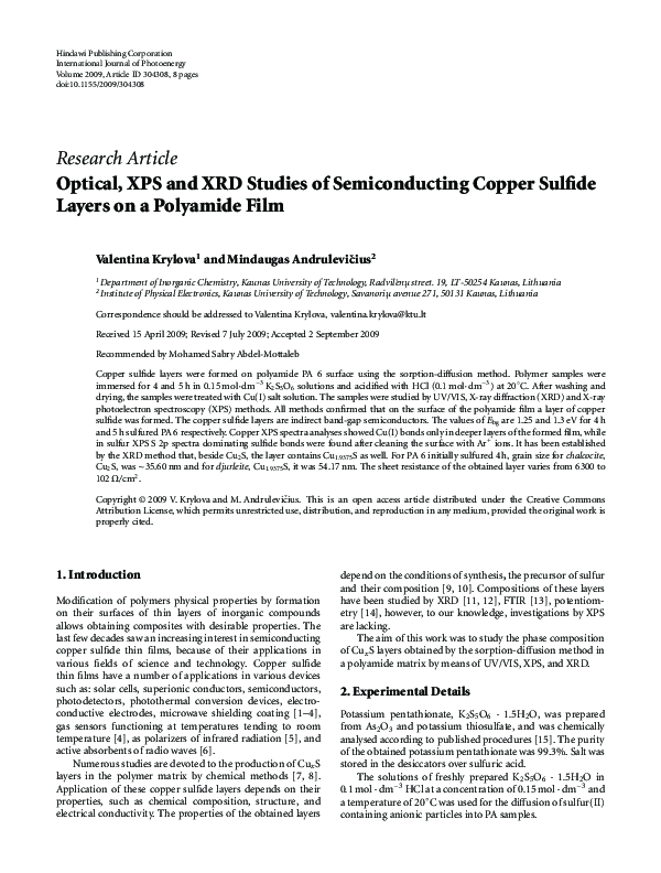 (PDF) Optical, XPS and XRD Studies of Semiconducting Copper Sulfide ...