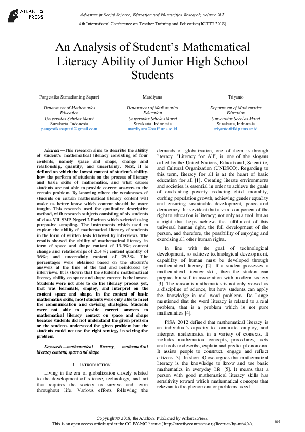 (PDF) An Analysis of Student’s Mathematical Literacy Ability of Junior ...