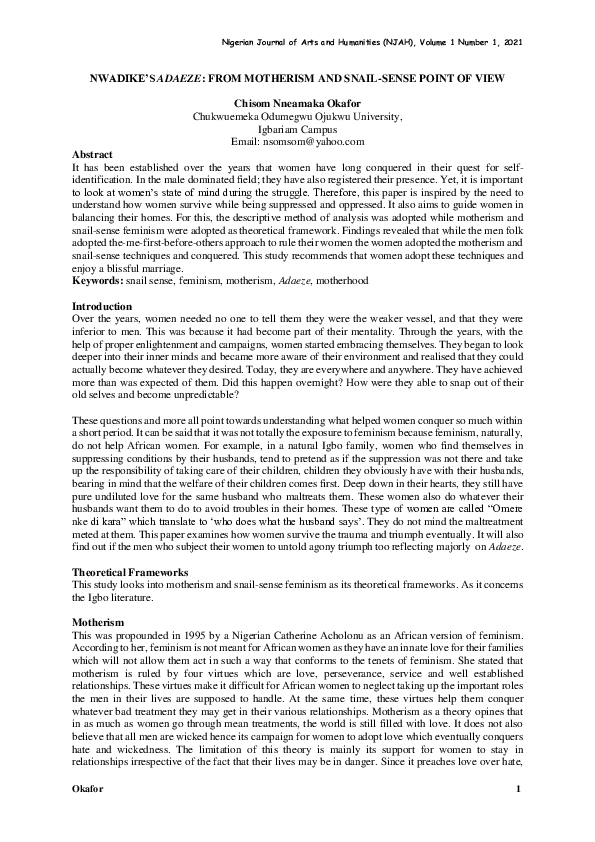 (PDF) Nwadike’s Adaeze Motherism and Snail Sense theories