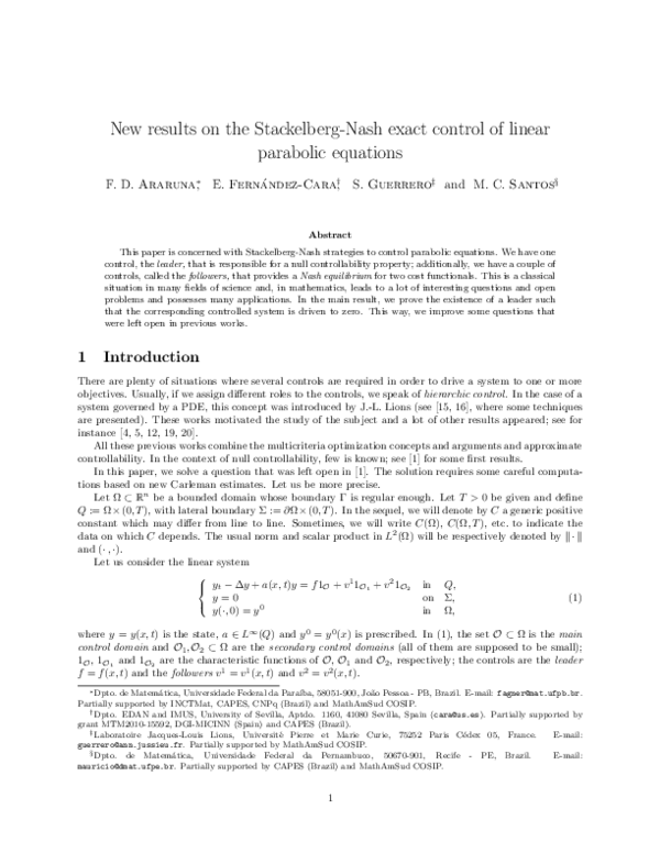 (PDF) New results on the Stackelberg–Nash exact control of linear ...