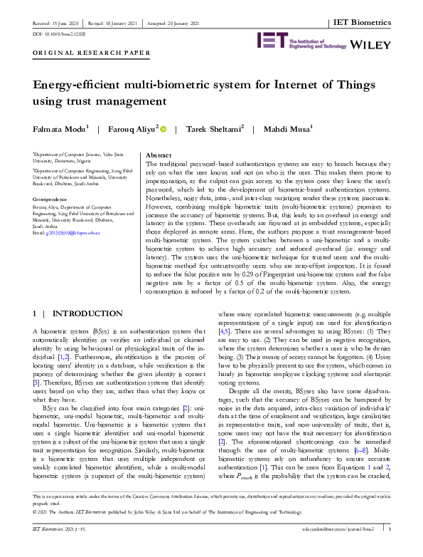 (PDF) Energy‐efficient multi‐biometric system for Internet of Things using trust management