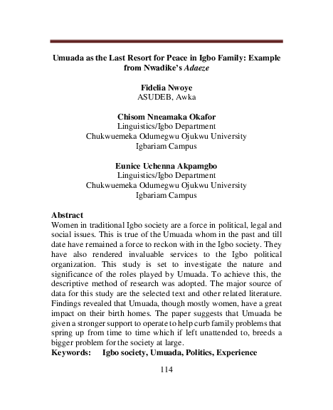 (PDF) Umuada as the Last Resort for Peace in Igbo Family: Example from ...