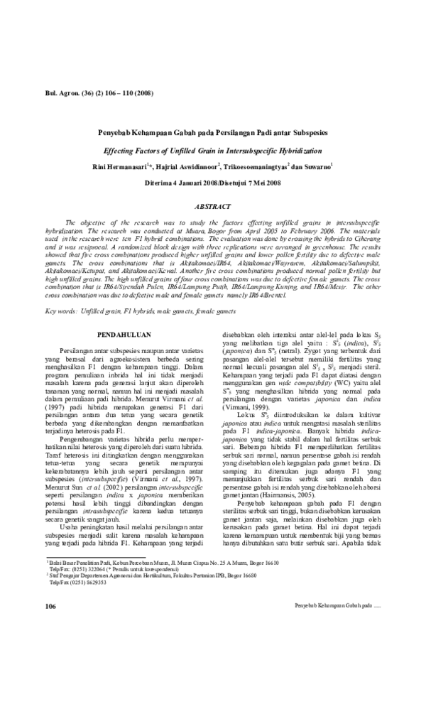 (PDF) Penyebab Kehampaan Gabah pada Persilangan Padi antar Subspesies