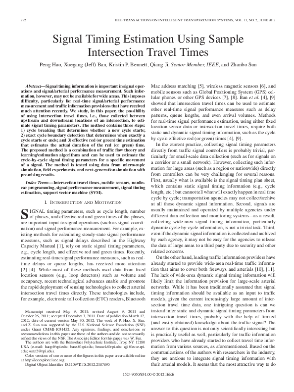 (PDF) Signal Timing Estimation Using Sample Intersection Travel Times