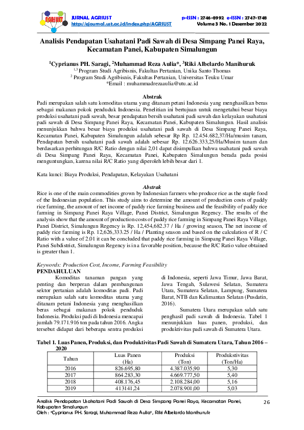 (PDF) Analisis Pendapatan Usahatani Padi Sawah di Desa Simpang Panei Raya, Kecamatan Panei ...