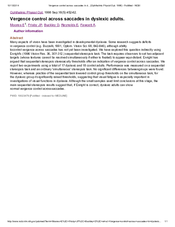 (PDF) Vergence control across saccades in dyslexic adults