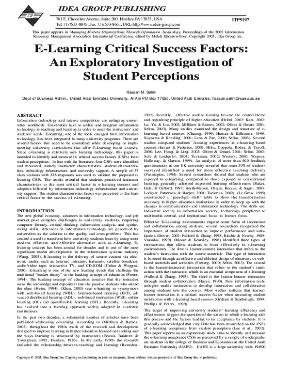(PDF) E-learning critical success factors: an exploratory investigation of student perceptions
