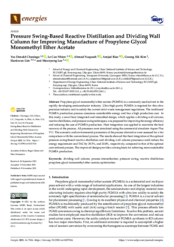 Pdf Pressure Swing Based Reactive Distillation And Dividing Wall Column For Improving