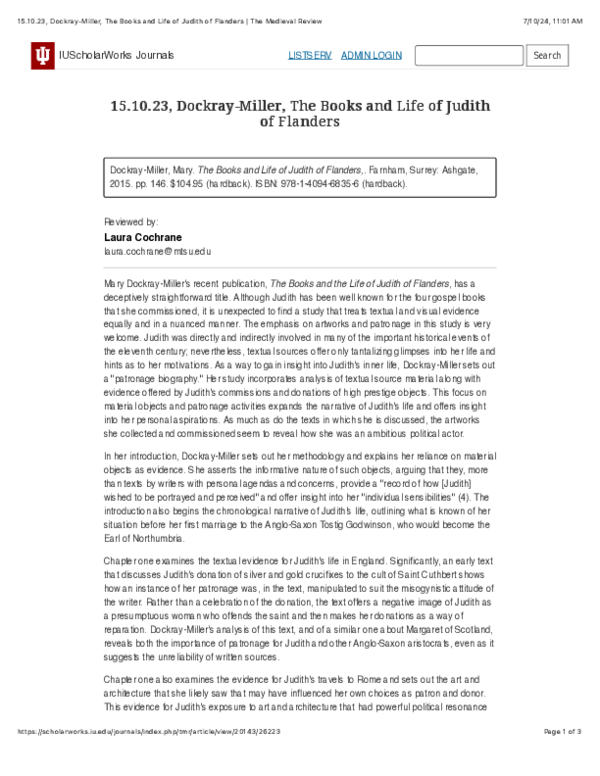 (PDF) Review of Dockray-Miller, The Books and Life of Judith of Flanders