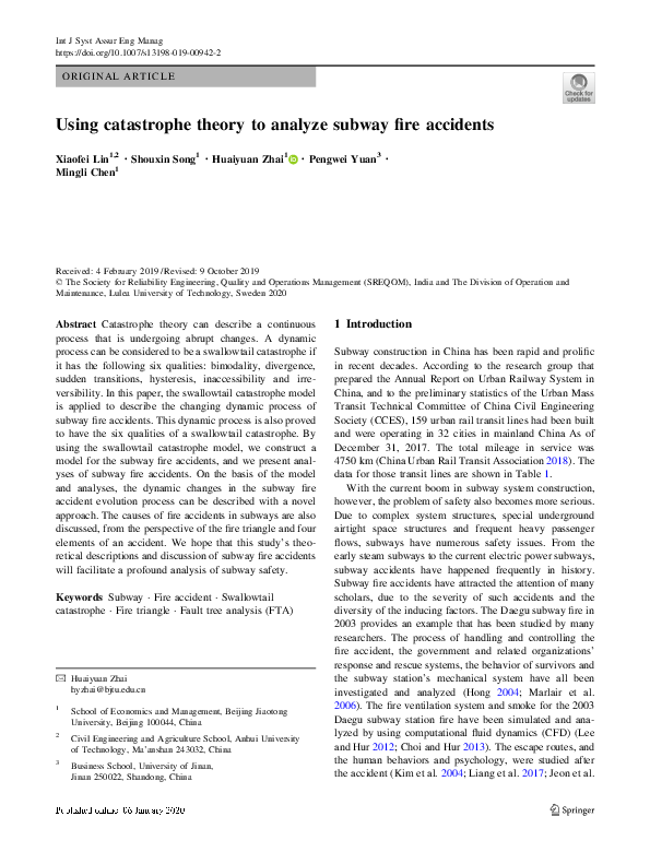 (PDF) Using catastrophe theory to analyze subway fire accidents