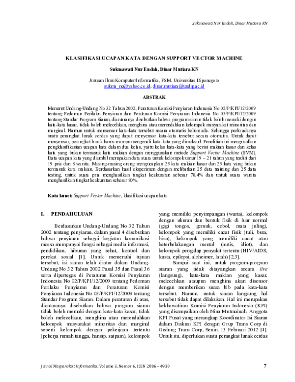 (PDF) Klasifikasi Ucapan Kata Dengan Support Vector Machine