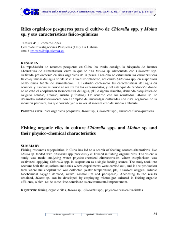 (PDF) Riles orgánicos pesqueros para el cultivo de Chlorella spp. y ...