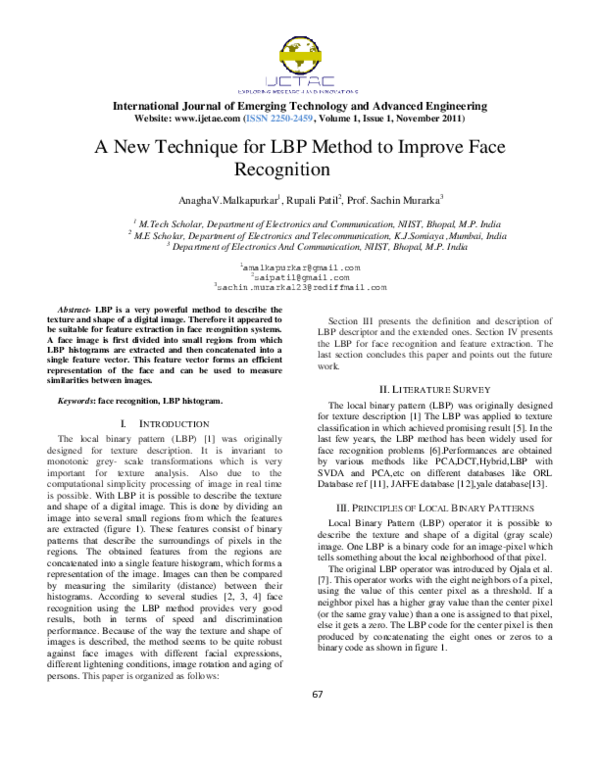 (PDF) A New Technique for LBP Method to Improve Face Recognition