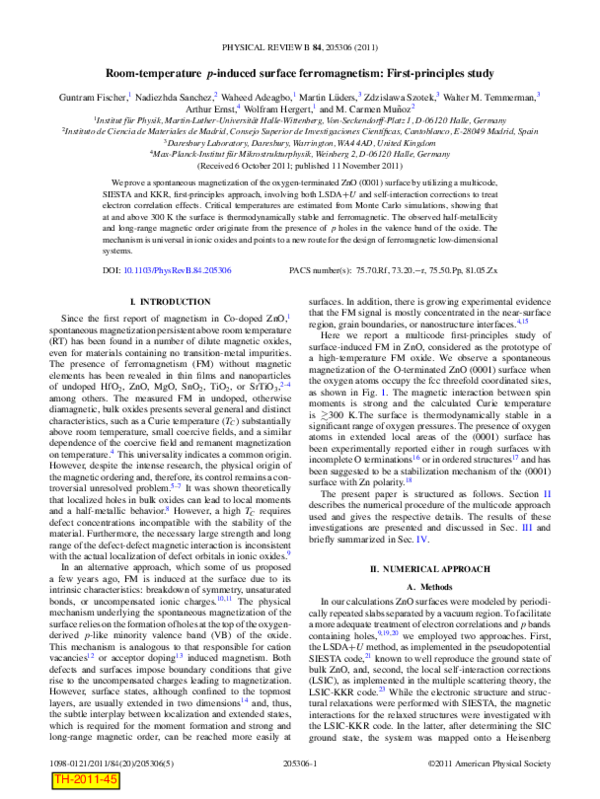 (PDF) Room-temperaturep-induced surface ferromagnetism: First-principles study