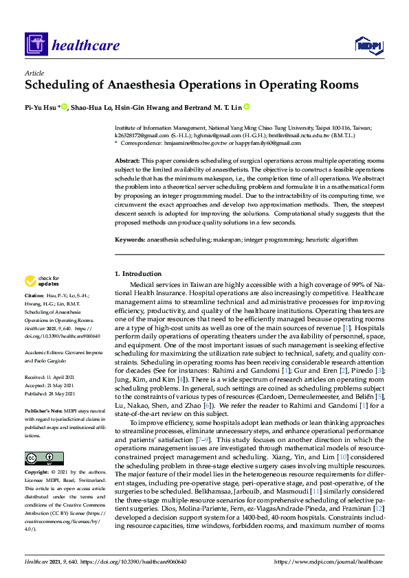 (PDF) Scheduling of Anaesthesia Operations in Operating Rooms