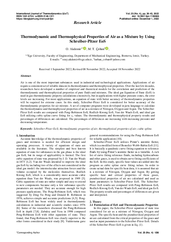 (PDF) Thermodynamic and Thermophysical Properties of Air as a Mixture by Using Schreiber-Pitzer EoS