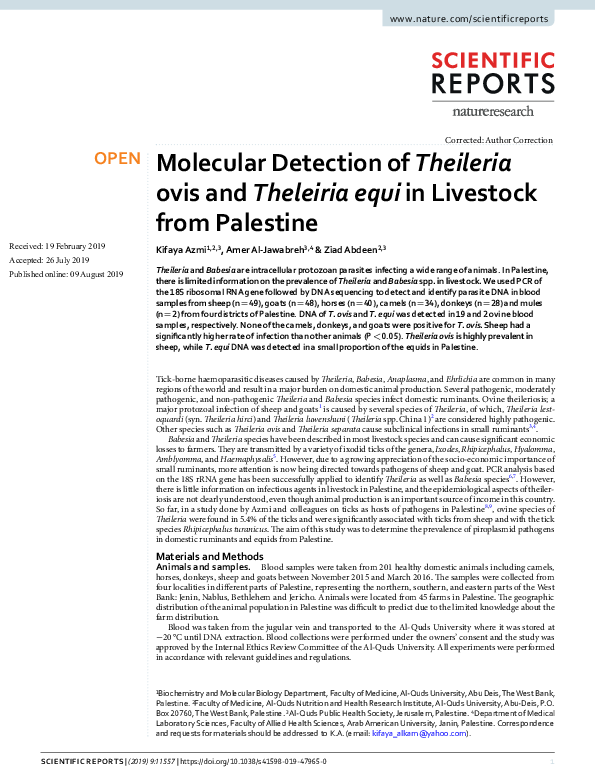 (PDF) Molecular Detection of Theileria ovis and Theleiria equi in ...