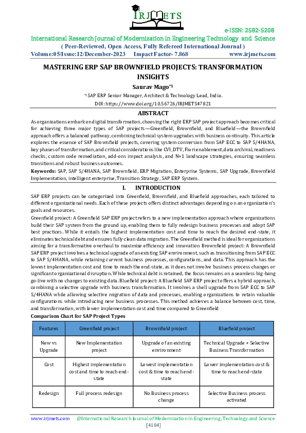 (PDF) MASTERING ERP SAP BROWNFIELD PROJECTS TRANSFORMATION