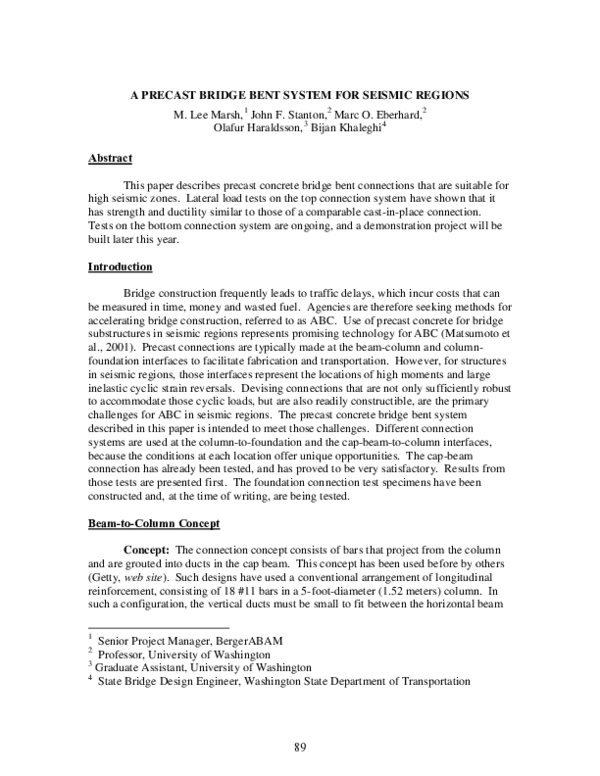 Pdf A Precast Bridge Bent System For Seismic Regions