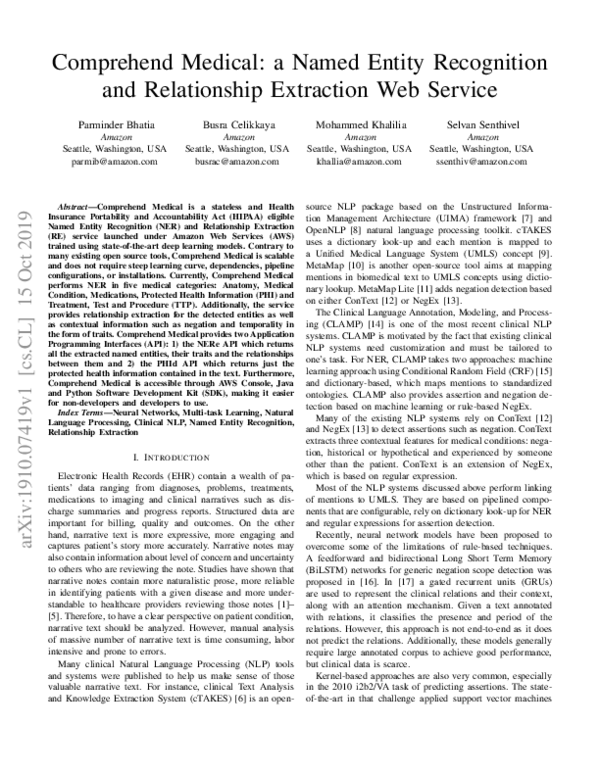 (PDF) Comprehend Medical: A Named Entity Recognition and Relationship ...