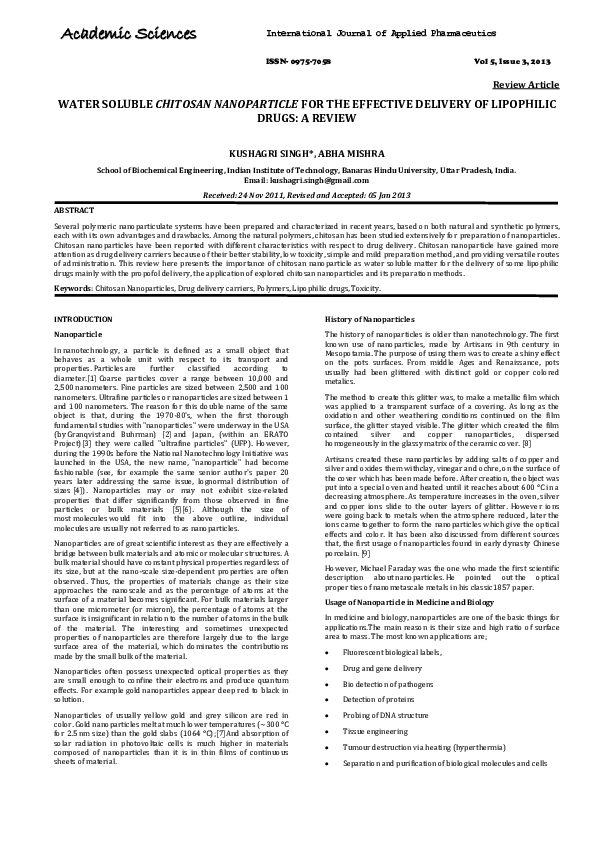 (PDF) Water Soluble Chitosan Nanoparticle for the Effective Delivery of Lipophilic Drugs: A Review