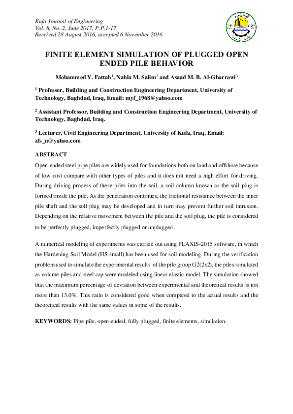 (PDF) Finite Element Simulation of Plugged Open Ended Pile Behavior
