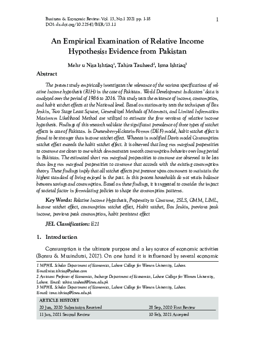 (PDF) An Empirical Examination of Relative Income Hypothesis: Evidence ...