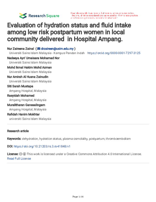 (PDF) Evaluation of hydration status and fluid intake among low risk ...